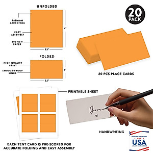 Andaz Press Table Tent Printable Place Cards, Orange 20-Pack, Seat Placement Cards Blank Place Cards For Table Settings Name Cards for Baby Bridal Wedding Shower, School Graduation Food Cards
