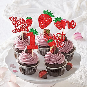 30 PCS Strawberry Sweet One Cupcake Toppers Glitter Berry Sweet 1st Birthday Strawberry Cupcake Picks for Fruit Theme Baby Shower Kids First Birthday Party Cake Decorations Supplies Red