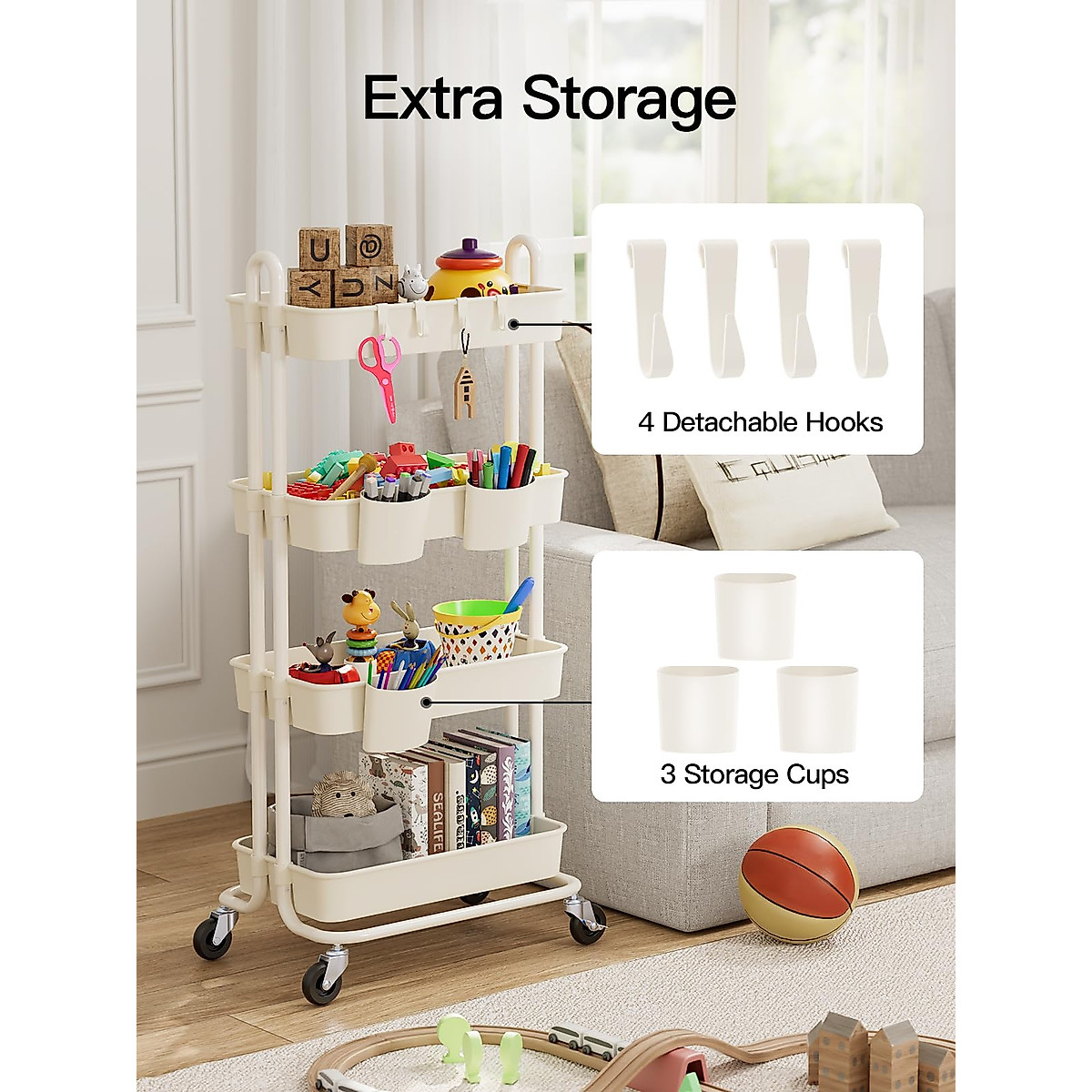 Pipishell 4-Tier Rolling Cart, Utility Cart with Lockable Casters, PP Plastic Storage Baskets, Hanging Cups & Hooks, Rolling Cart for Living Room, Bedroom, Kitchen, Bathroom, Art Studio(White)