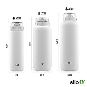 Ello Cooper 32oz Stainless Steel Water Bottle with Straw and Carry Handle, Double Walled and Vacuum Insulated Metal, Leak Proof Locking Lid with Soft Silicone Spout, Reusable, BPA Free, White