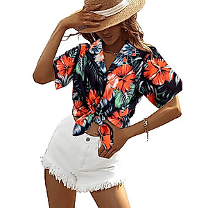 FAYALEQ Womens Summer Hawaiian Shirts Soft Cool Floral Tropical Print T-Shirt Button Down V Neck Short Sleeve Tee Tops Black