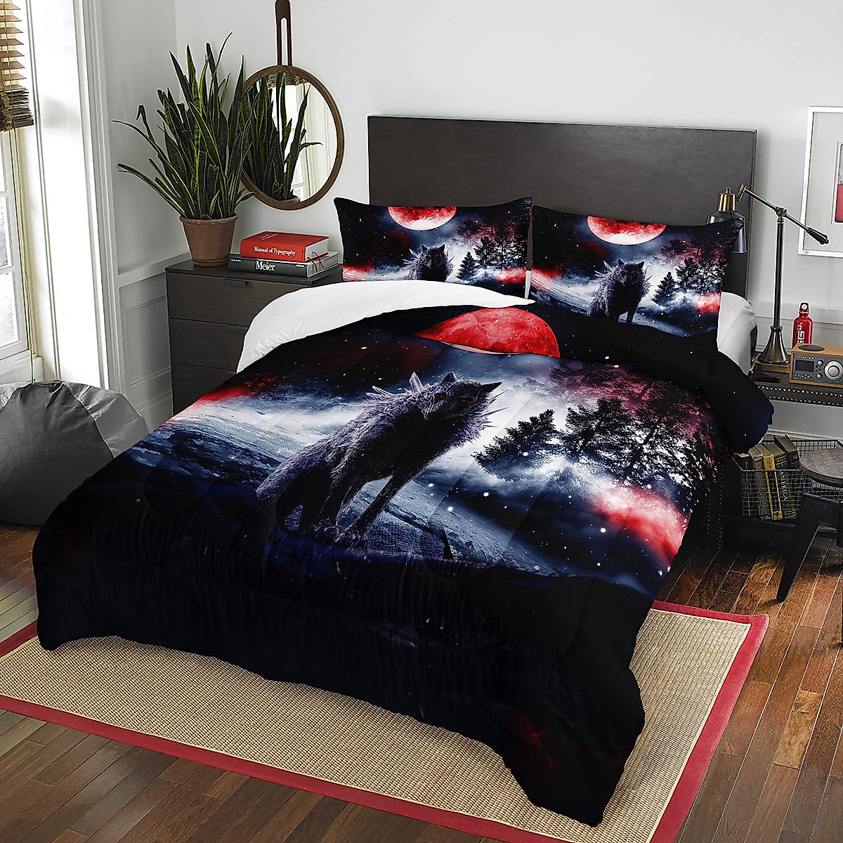 AILONEN Outdoors Wolf Comforter Set Full Size, Evening Snowfield Red Moon Wolf Bedding Set,Wild Aminal 3D Print Duvet Set 3 Pieces, 1 Quilt + 2 Pillowcases