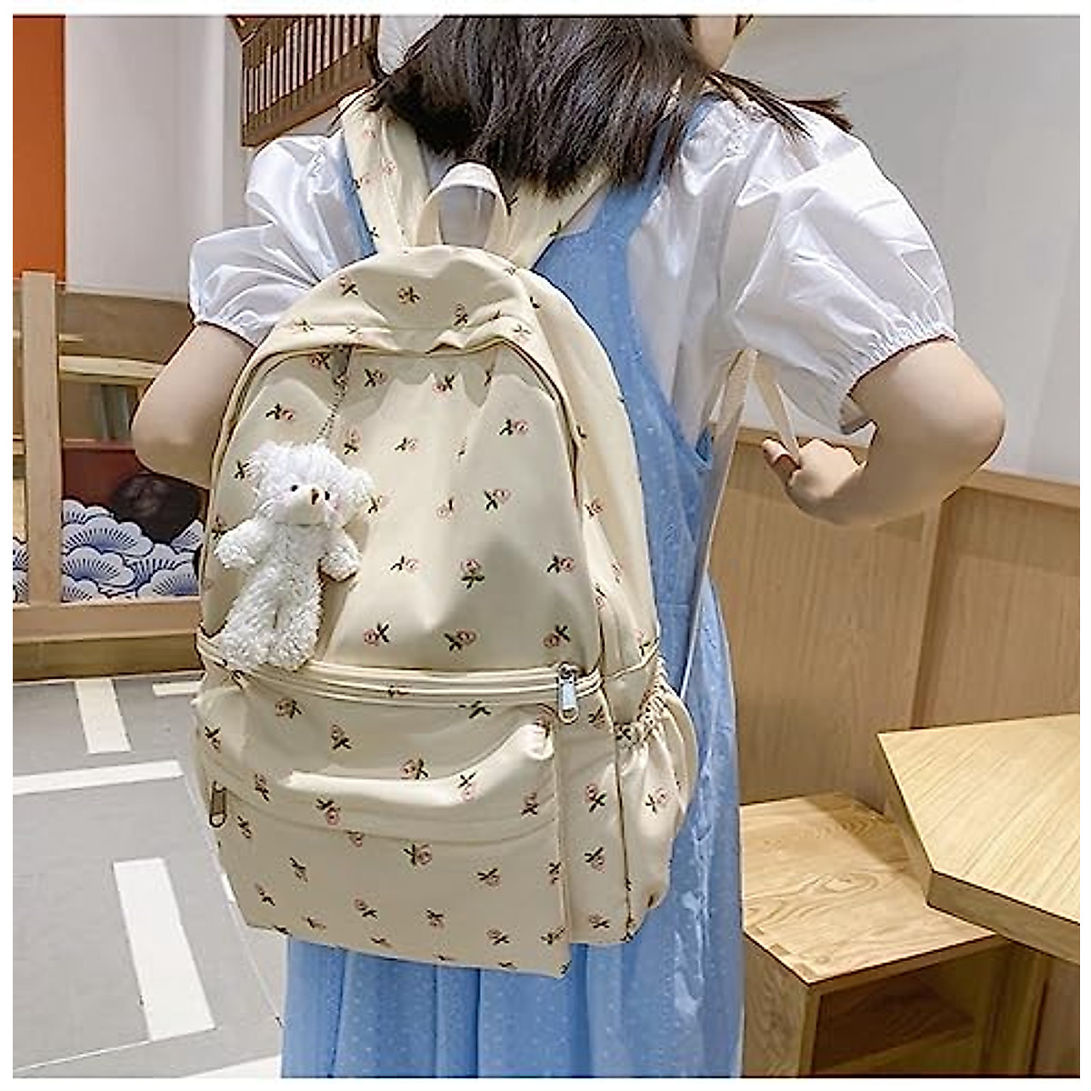 JHTPSLR Cottagecore Aesthetic Backpack with Plushies Pink Floral Preppy Backpack Flowers Backpack Cute Kawaii Backpack Book Bags (Beige)