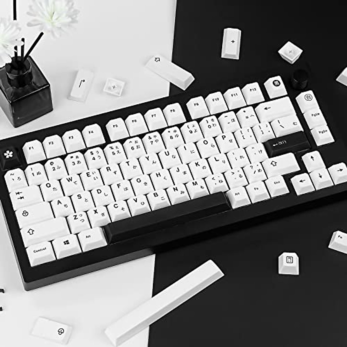 JOLINTAL 128 Keys Black and White Japanese Keycaps, PBT Material Cherry Keycaps, Thermal Sublimation Solid Color Not Easy to Wear Keycaps for Mechanical Keyboard Game Keyboard
