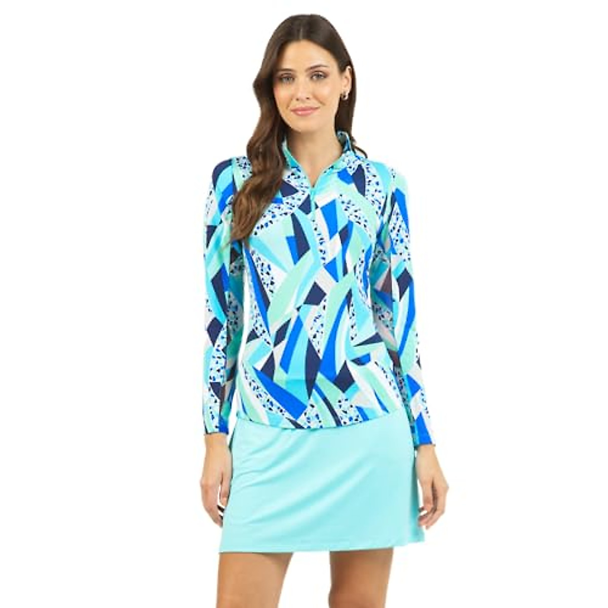 IBKUL Athleisure Wear UPF 50+ Brianna Print Long Sleeve Mock Neck Top – 10080 Blue Brianna M
