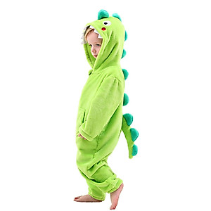 LOLANTA Boys Girls Dinosaur Costume Bodysuit Flannel Toddler One Piece Jumpsuit Kids Gifts (Green, 6-7 Years)