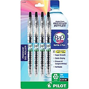 Pilot B2P Bottle 2 Pen Refillable & Retractable Gel Roller Pen Made From Recycled Bottles, Clear Barrel, Fine Point, 4-Pack, Black Ink