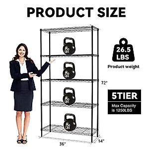 Wire Shelving Unit, 5 Shelf Metal Storage Rack NSF Certified Storage Rack 36" W x 14" D x 72" H 1250Lbs Capacity Garage Shelving Adjustable Heavy Duty Metal 5 Tier Metal Shelving Unit (Black)