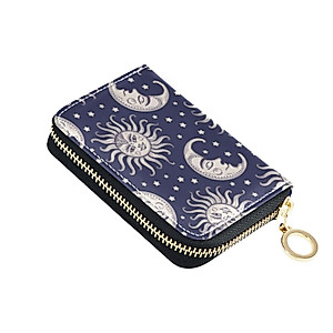 Sletend RFID Credit Card Holder Vintage Sun Moon Leather With Zipper Card Case Wallet for Women Girls