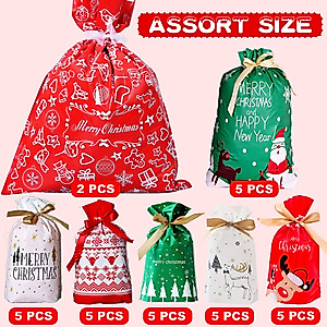Funnlot Christmas Drawstring Gift Bags 32PCS in 7 Styles Christmas Wrapping Bags Xmas Treats Bags Christmas Party Favor Pouch Goody Sweet Treat Candy Bags with Ribbon Ties Christmas Gift Bags Drawstring