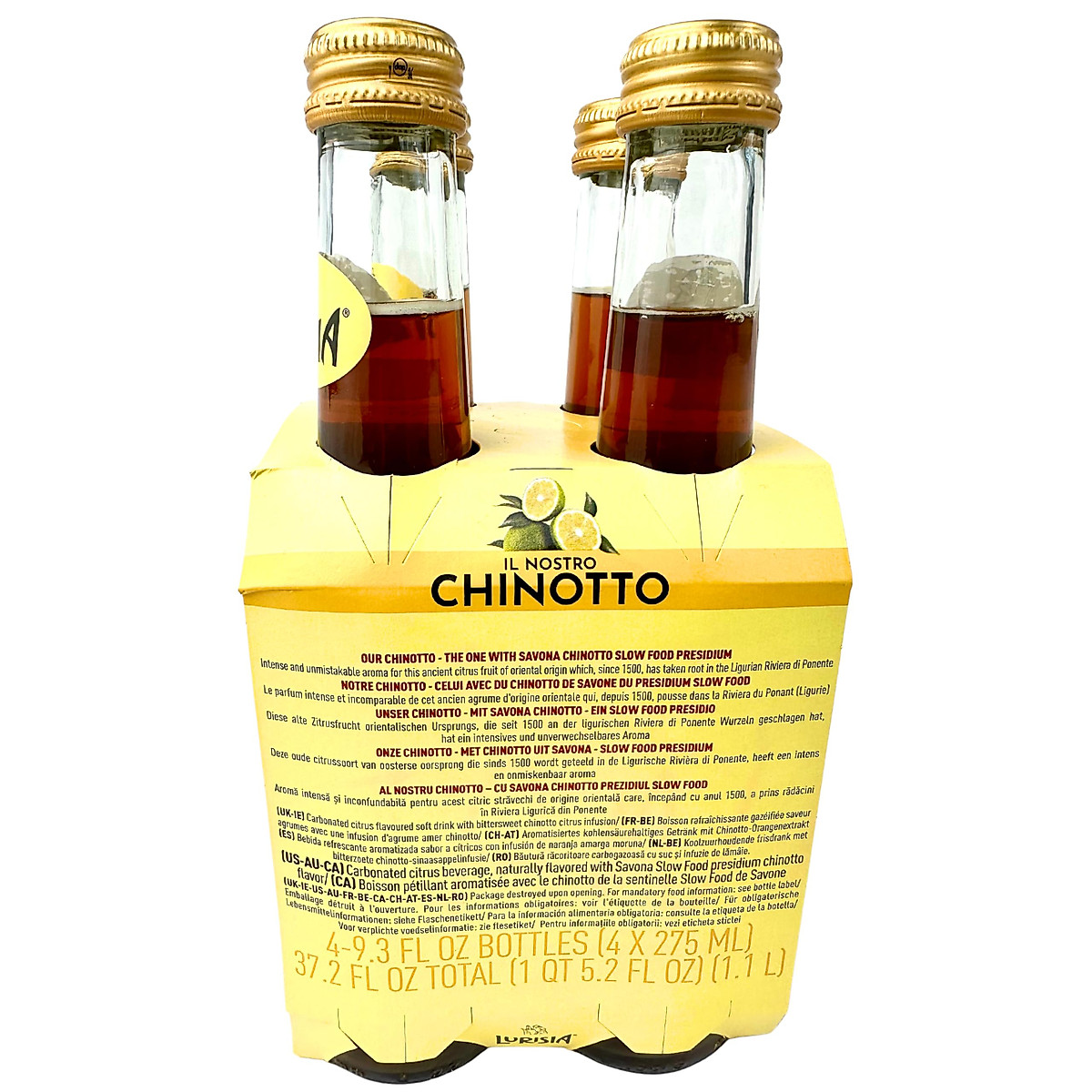Lurisia Chinotto Italian Soda 4 x 9.3 Fl Oz (275ml) - Cola - Carbonated Sparkling Juice from Chinotto - Citrus Soft Drink - Non-Alcoholic Bitter Aperitif - Myrtle Leaf Orange Tree - Chinotto di Liguria - Sparkling Fruit Beverage from Italy