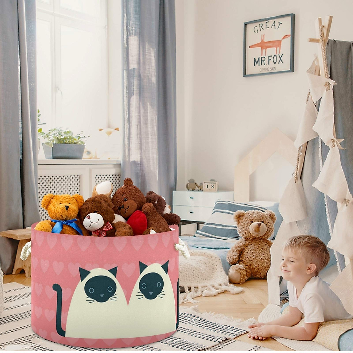 visesunny Cat Pink Heart Cartoon Collapsible Large Capacity Basket Storage Bin with Durable Cotton Handles, Home Organizer Solution for Office, Bedroom, Closet, Toys, Laundry