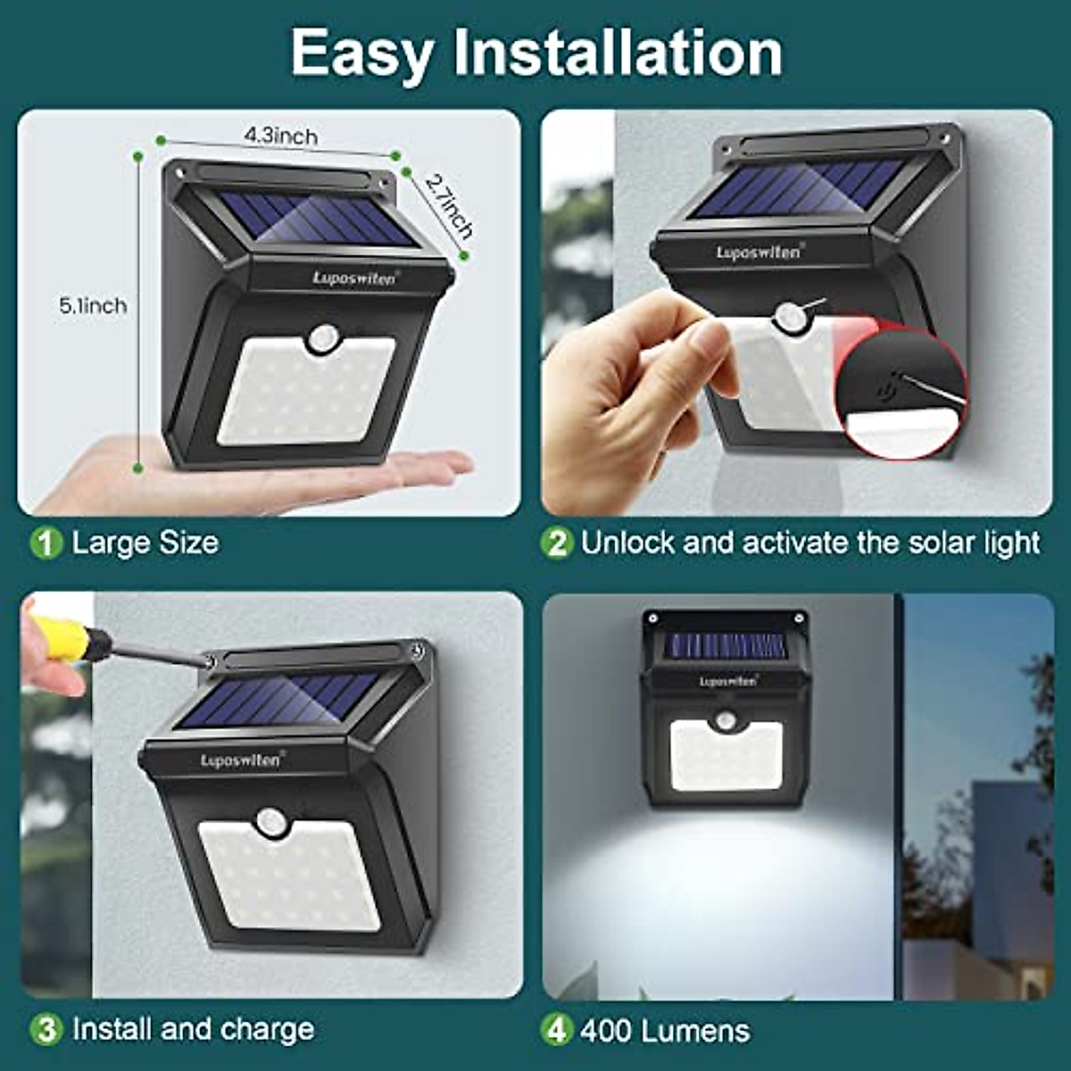 Luposwiten Solar Outdoor Lights Waterproof - Super Bright Motion Sensor Outdoor Lights Easy to Install Solar Lights for Outside, Front Door, Yard, Garage, Garden, Patio, Deck (4 Pack)