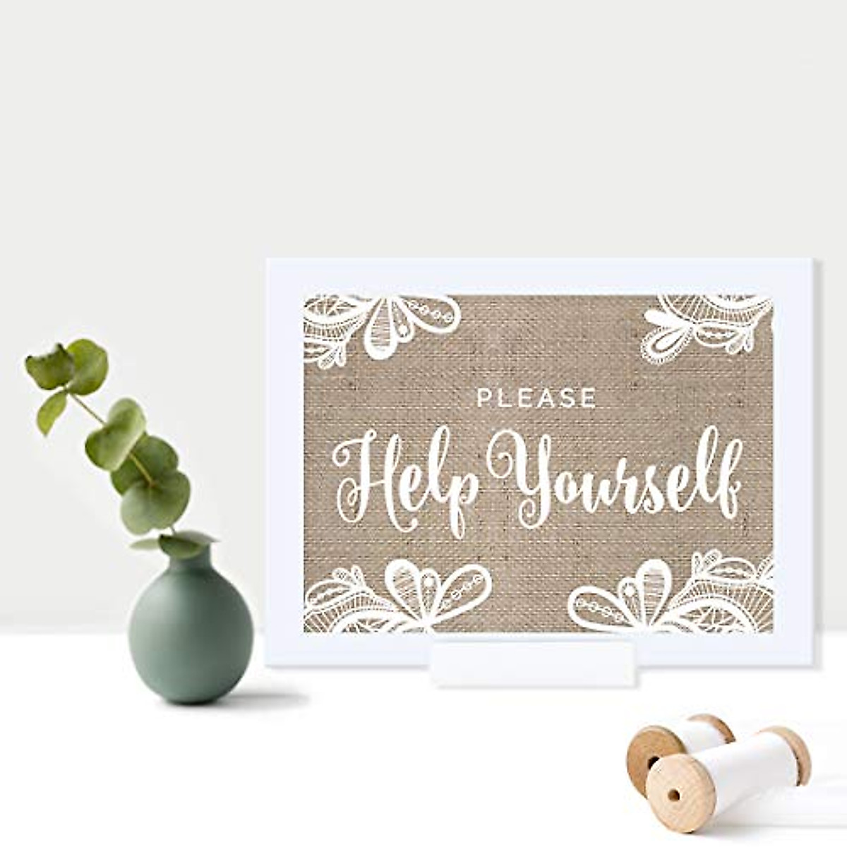 Andaz Press Wedding Framed Party Signs, Burlap Lace Printed Cardstock, 5x7-inch, Please Help Yourself Reception Dessert Table Sign, 1-Pack, Includes Frame