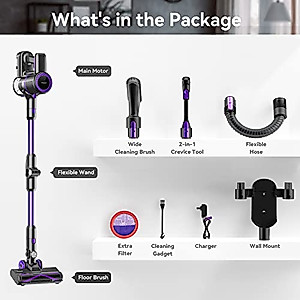 POWEART Cordless Vacuum Cleaner, 8-in-1 Cordless Stick Vacuum 30Kpa Powerful Suction, 8-Cell 2600mAh Battery 350W Rechargeable Vacuum Cleaner Cordless for Hard Floor Carpet Pet Hair - Purple