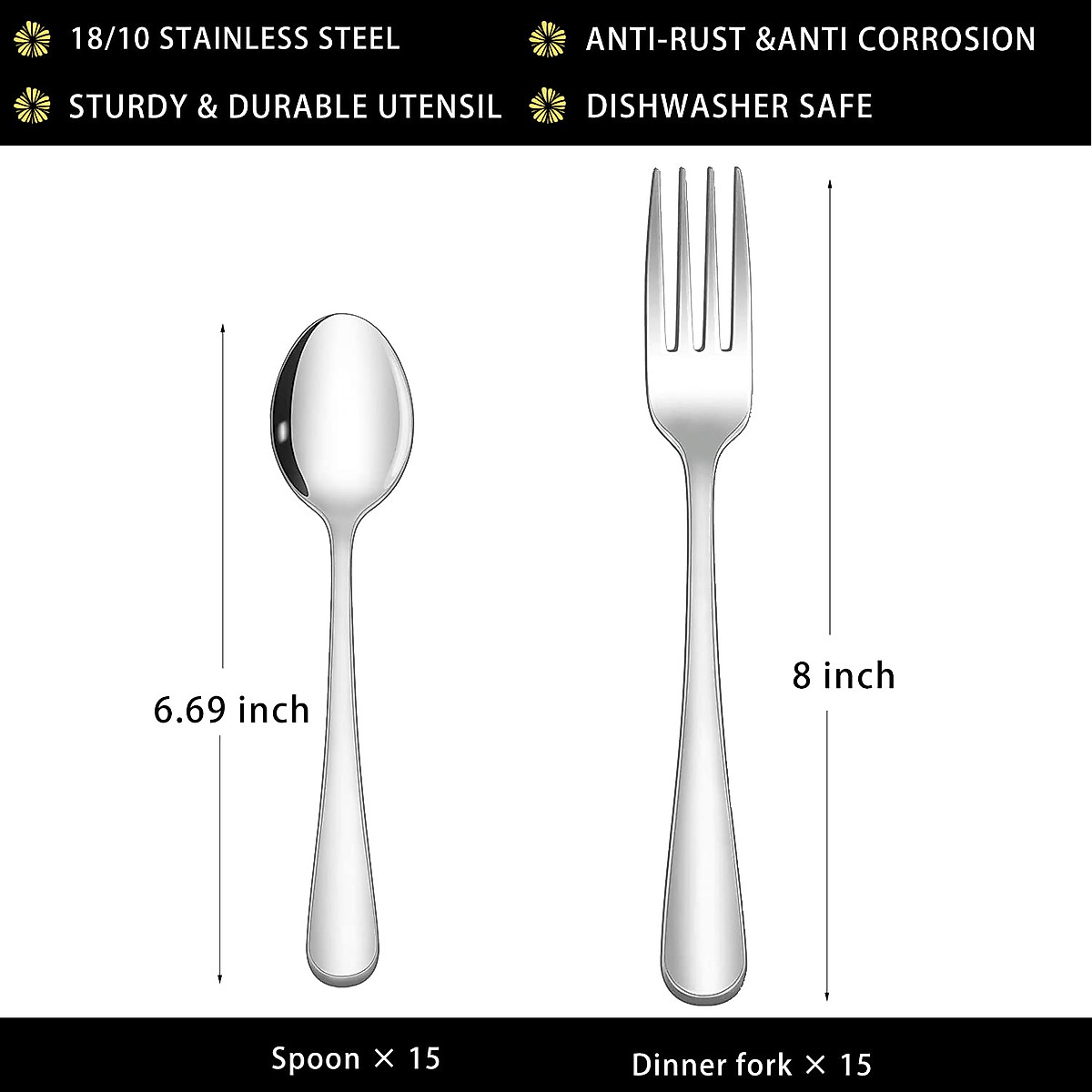 Spoons and Forks Set, Set of 30 Top Food Grade Stainless Steel Forks and Spoons Silverware Set, Kitchen Utensils Forks (8 Inch) and Spoons (6.69 Inch) Cutlery Set, Mirror Finish & Dishwasher Safe