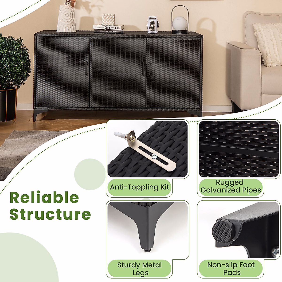 Giantex 84-Gallon Wicker Deck Box - Patio Storage Cabinet, 3-Door PE Rattan Storage Container with Removable Shelves, Indoor & Outdoor Package Box for Porch, Patio Furniture Cushions Tools (Black)