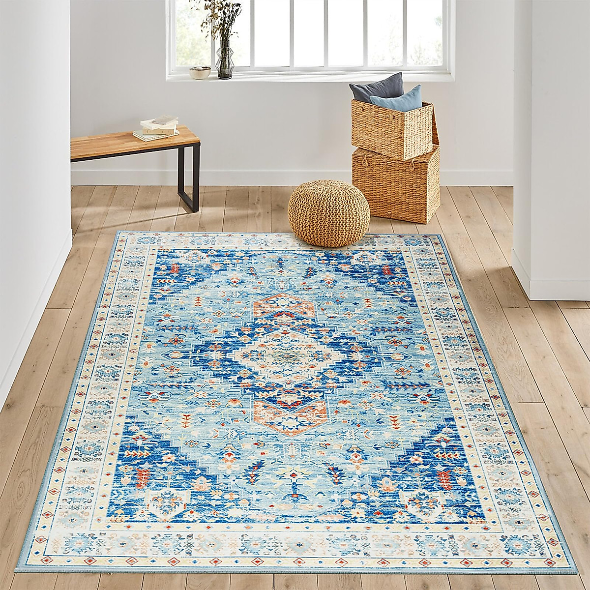 BESTSWEETIE Area Rug 5x7 Rugs for Living Room 5 x 7 Washable Rugs Non Slip Vintage Boho Living Room Rugs for Bedroom Dining Room, Distressed Pattern Carpet, Blue Multi