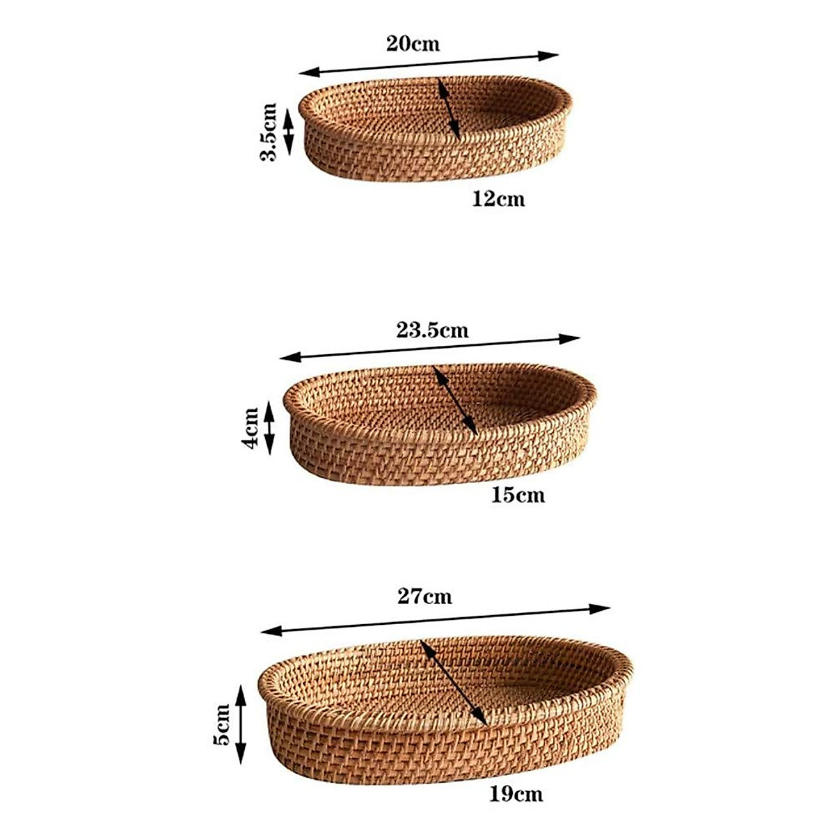 amololo 3 Pack Oval Woven Basket Trays, 11 Inch Rattan Storage Tray with 2 Inch Raised Sides, Catch All Dish, Decorative Wicker Serving Baskets Organizer Tray for Bread, Fruit, Food, Brown S, M, L
