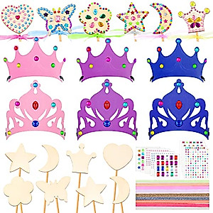 55 Piece Princess Wands Kit Include Wooden Wands for Crafts, Gem Stickers, Ribbons, Foam Princess Tiaras and Wooden Crowns DIY Heart Butterfly Moon Wand Make Your Own Princess Wand for Kid Girl