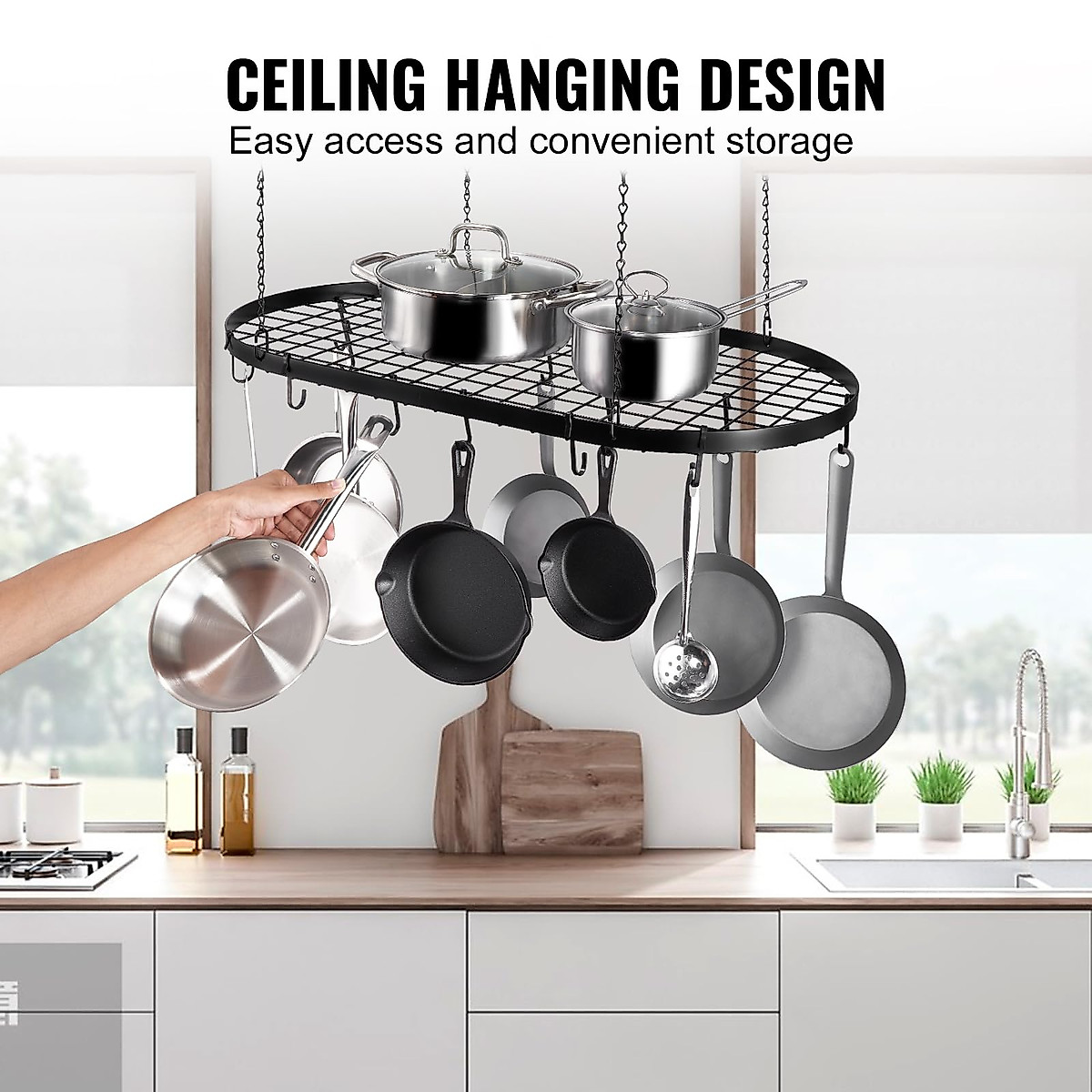 VEVOR 36 inch Carbon Steel Hanging Pot Rack, Ceiling Mount, 20 S Hooks, 80 lbs Loading Weight, Ideal for Home, Restaurant, Kitchen Cookware, Utensils
