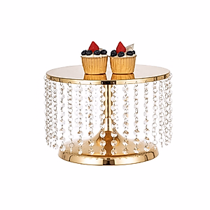 LANLONG Cake Stand for Dessert Table 12 Inch Gold Crystal Pendants Metal Cake Stand Serves as A Round Dessert Cupcake Display Plate for Table, Wedding, Party, Event