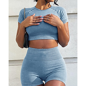 OLCHEE Womens Workout Sets 2 Piece - Seamless Acid Wash Yoga Outfits Leggings Shorts and Crop Top Matching Gym Activewear Athletic Clothing Set - Blue Small