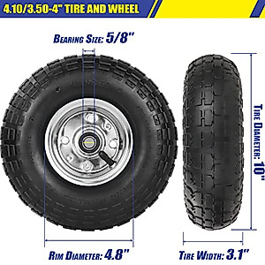 4 Pack 4.10/3.50-4" Pneumatic Air Filled Heavy-Duty Wheels/Tires,10" All Purpose Utility Wheels/Tires for Hand Truck/Gorilla Utility Cart/Garden Cart,5/8" Center Bearing,2.25" Offset Hub…