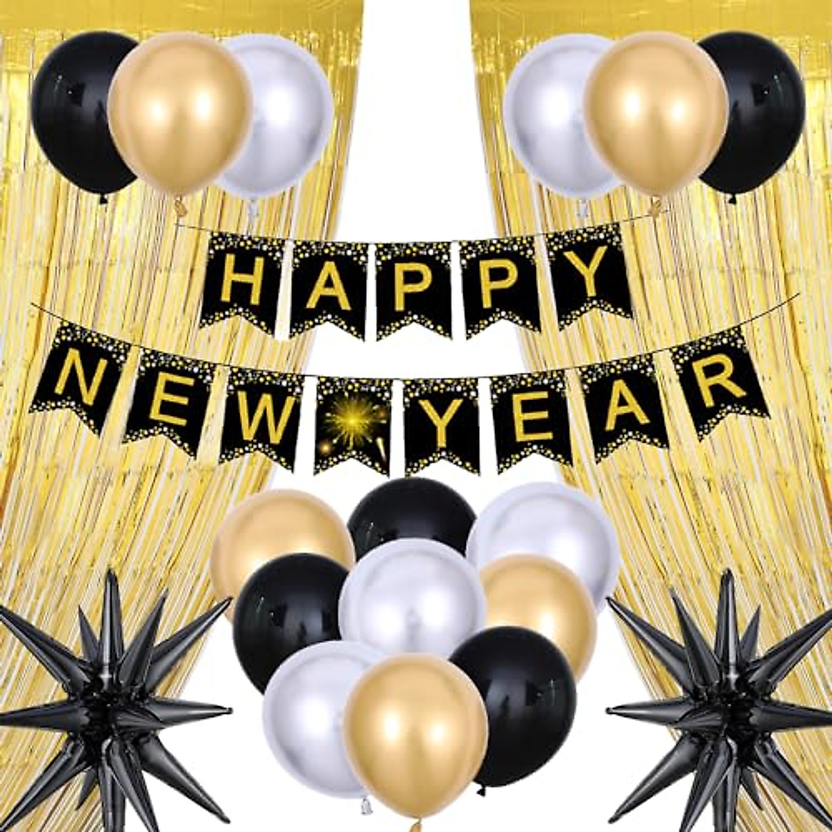 2024 Happy New Year Party Decorations,112PCS Black Gold Silver Balloon Garland Arch Kit,Banner,Foil Fringe Curtains For New Years Eve Birthday Party Supplies