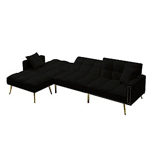 FREESNOOZE 107'' Convertible L-Shaped Velvet Sleeper Sofa Bed Living Room Sectional Sofa with Removable Ottoman and Tapered Metal Legs, Black