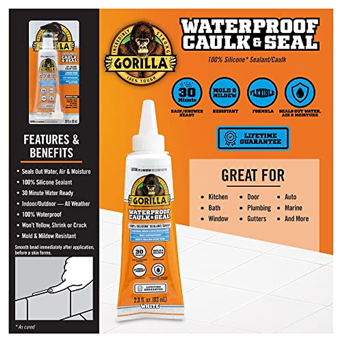 Gorilla Waterproof Caulk & Seal100% Silicone Sealant, 2.8oz Squeeze Tube, White (Pack of 1)