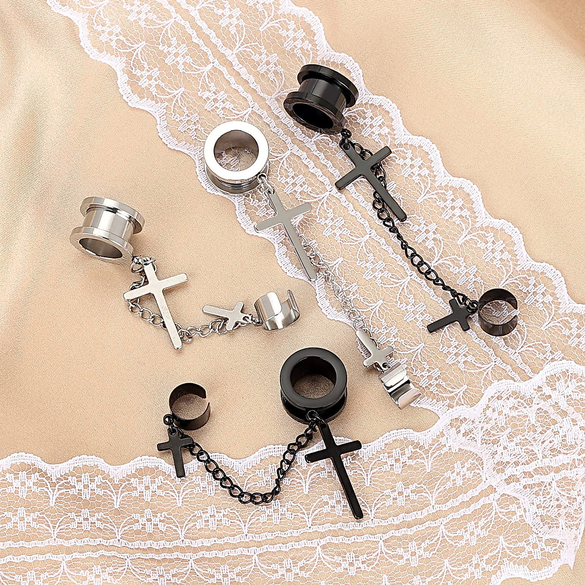 Longbeauty 2 Pairs Surgical Steel Dangle Cross Ear Tunnels Fashion Ear Gauges Plugs Expander Stretchers Piercings Black & Silver 1/2"