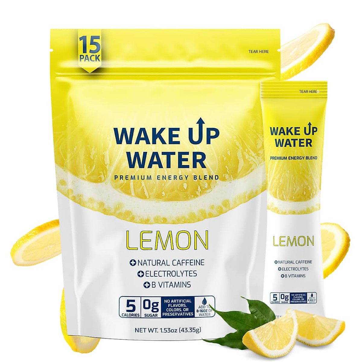 Wake Up Water - Energy + Hydration Sugar Free 15 Packet, Lemon Flavor - Energy Drink Powder, Electrolytes Powder Drink, Natural Caffeine Mix Packet, B Vitamins, 5 Calories, Gluten Free - .10 oz (2.9g)