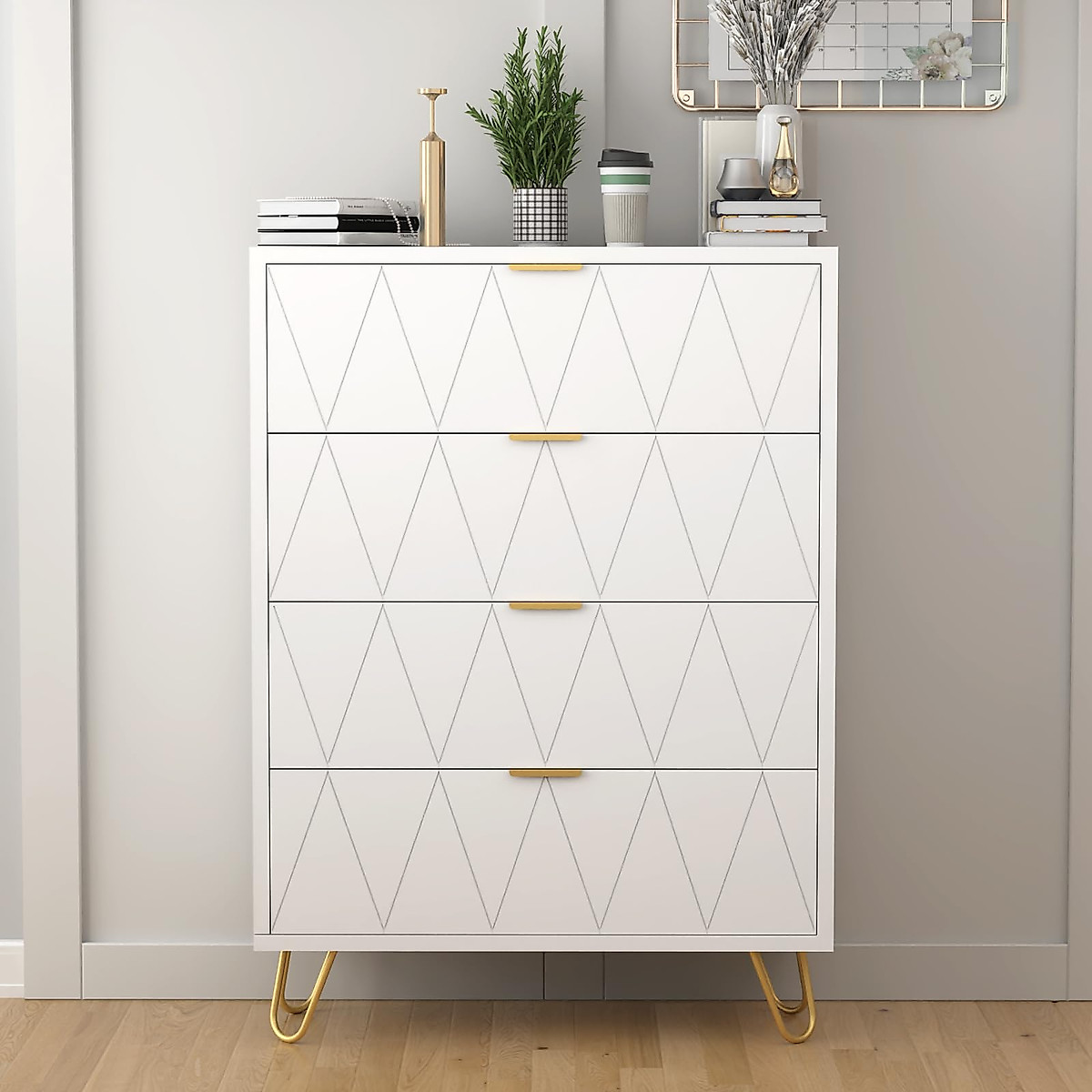 ERGOMORE 4 Drawer Dresser for Bedroom, Wooden Dressers & Chests of Drawers, Large Storage Drawer Cabinet, Modern Design Drawer Dresser for Bedroom, Hallway, Living Room, White