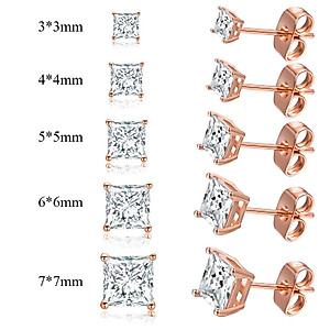5 Pairs Stud Earrings 14K Rose Gold Plated Square Cut Clear Cubic Zirconia Hypoallergenic Earrings for Women and Men Pack of 5 Pairs 3-7 mm