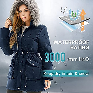 poonyfesh Women's Winter Hooded Coat Waterproof Down Long Jacket Warm Parka Thicken Puffer Coat with Removable Fur Hood Navy 3XL