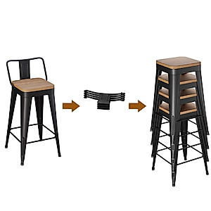 WENTMENT Metal Bar Stools Set of 4 Counter Height Bar Stools Barstools with Removable Back 24" Kitchen Bar Stools with Wooden Seat, Black