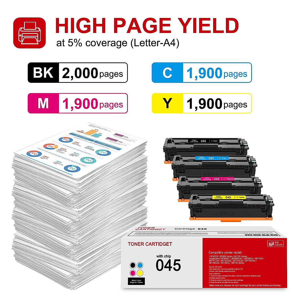 4 Pack 045 BK/C/M/Y Toner Cartridge: Compatible CRG-045 Replacement for Canon Color imageCLASS MF631Cn MF632Cdw MF633Cdw MF634Cdw LBP612Cdw LBP613Cdw LBP610C Series i-SENSYS LBP613Cdw MF635Cx Printer