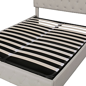 Queen Lift Storage Bed Upholstered Bed, Luxury Bed Frame With LED Light Bluetooth Player And USB Charging,Adjustable Linen Fabric Headboard,Hydraulic Storage Platform Bed For Kids Teen Adults (Beige)