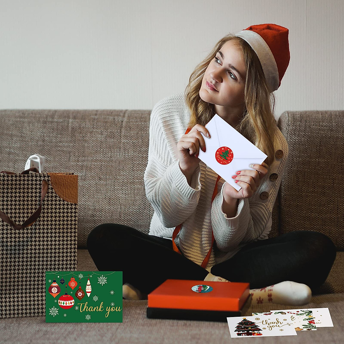 24 Pieces Christmas Thank You Cards Xmas Greeting Cards with Envelopes and Stickers, Christmas Tree Gingerbread Gift Box Holiday Thank You Note Cards Assortment for Xmas Holiday Present, 6 Designs