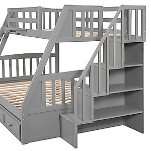 Bellemave Twin Over Full Bunk Bed with Stairs and Storage Drawers, Wood Bunk Bed Frame with Three Drawers and Shelves, Modern Detachable Bunked Frame for Kids Boys Girls Teens, Gray