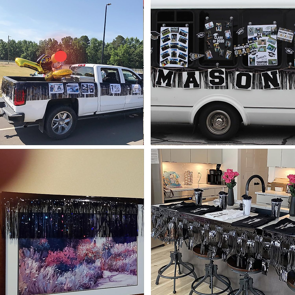 Blukey Black Parade Float Foil Fringe Skirting Decorations- Pack of 2 - Each 10 Feet by 15 Inch, Metallic Tinsel Drapes Garland Party Supplies for Bridal Shower, Bachelorette, Easter Day, Halloween