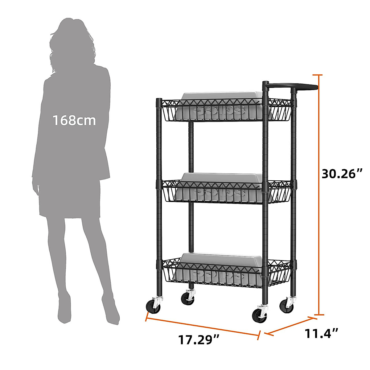 SINGAYE 3-Tier Utility Mesh Basket Cart with Handle,170LBS Load Capacity Evenly Distributed,Metal Storage Basket Cart,Black, 17.29" W X 11.4" D X30.26 H