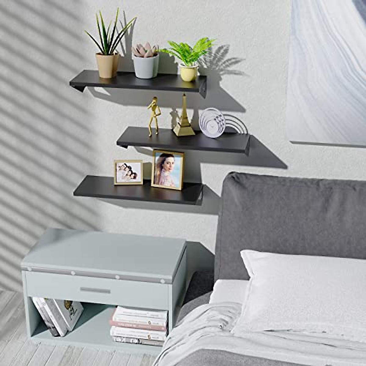 NiHome Black Floating Shelves for Wall Decor Industrial Wall Shelves for Storage Bedroom Hanging Bathroom Shelf Floating Bookshelf Set of 3