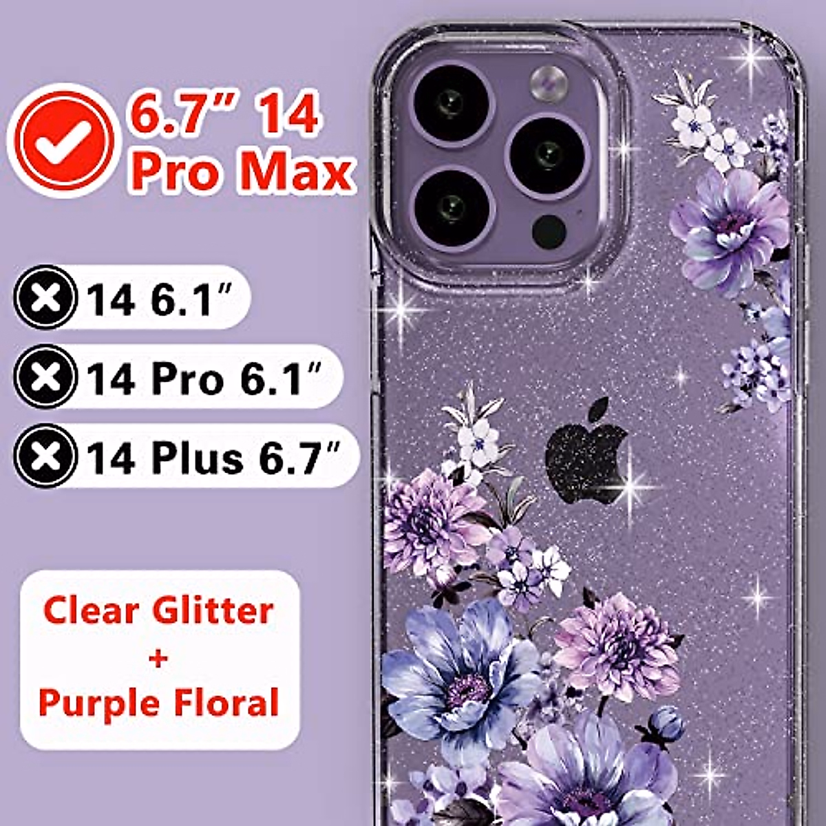 OKP (3 in 1 for iPhone 14 Pro Max Case Flower, with Screen Protector/Camera Lens Protector Cute Floral Pattern Clear Glitter Sparkly Bling Slim Hard Back Cover 6.7" for Women Girls, Purple Floral