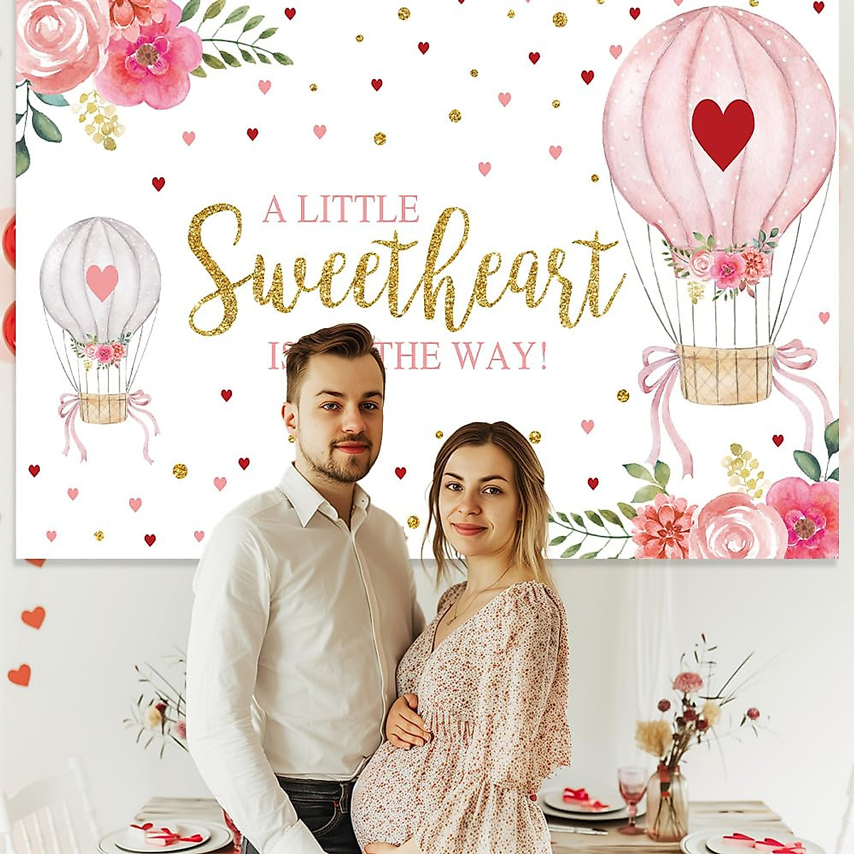 MEHOFOND Sweetheart Baby Shower Party Decorations Backdrop Up Up and Away Hot Air Balloon Pink Red Floral Gold Hearts Valentine Girl Baby Shower Photography Background Photo Banner 7x5ft
