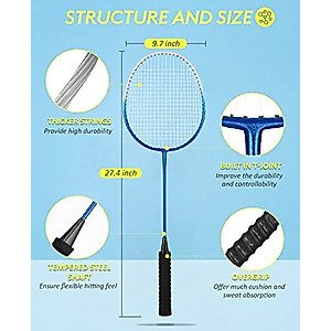 HIRALIY Badminton Rackets Set of 4 for Outdoor Backyards Games, Including 4 Rackets, 12 Nylon Shuttlecocks, 4 Replacement Grip Tapes (Blue)