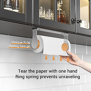 Swaitee Paper Towel Holder, One Hand Tear Paper Towel Holder Under Cabinet with Ring Spring, Stainless Steel Paper Holder Rack Adhesive or Wall Mount for Kitchen Bathroom