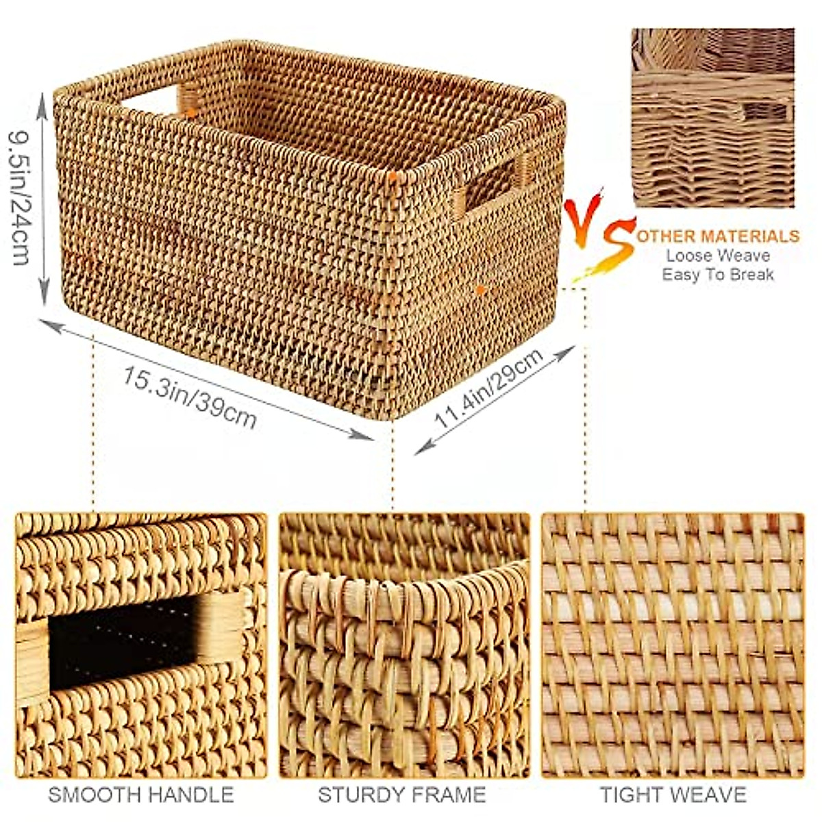 FIYAMMY Rattan Basket With Lid, Large Lidded Basket For Storage Rattan Box(15.3" L×11.4"W×9.5"H)
