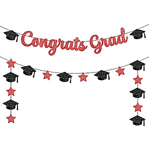KatchOn, Glitter Congrats Grad Banner Red and Black - 10 Feet | Black and Red Graduation Banner, Grad Cap Garland for Graduation Decorations Class of 2024 | Red and Black Graduation Decorations 2024